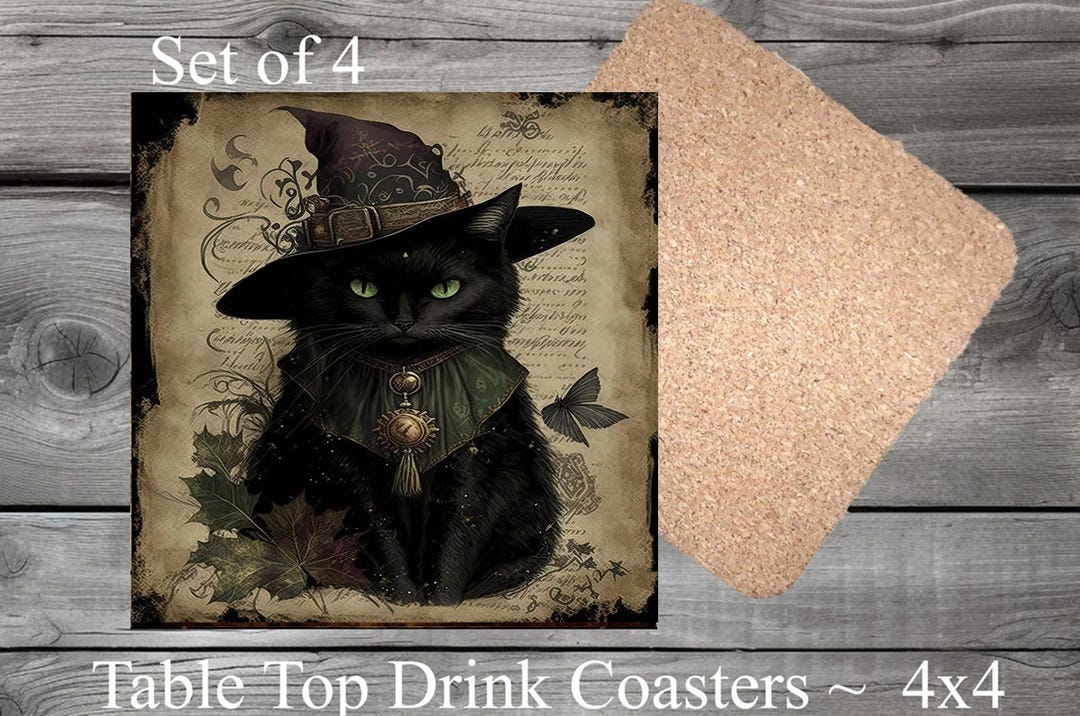 Black Cat With Broach Drink Coasters ~ Set of 4 ~ Table Top Coasters ...