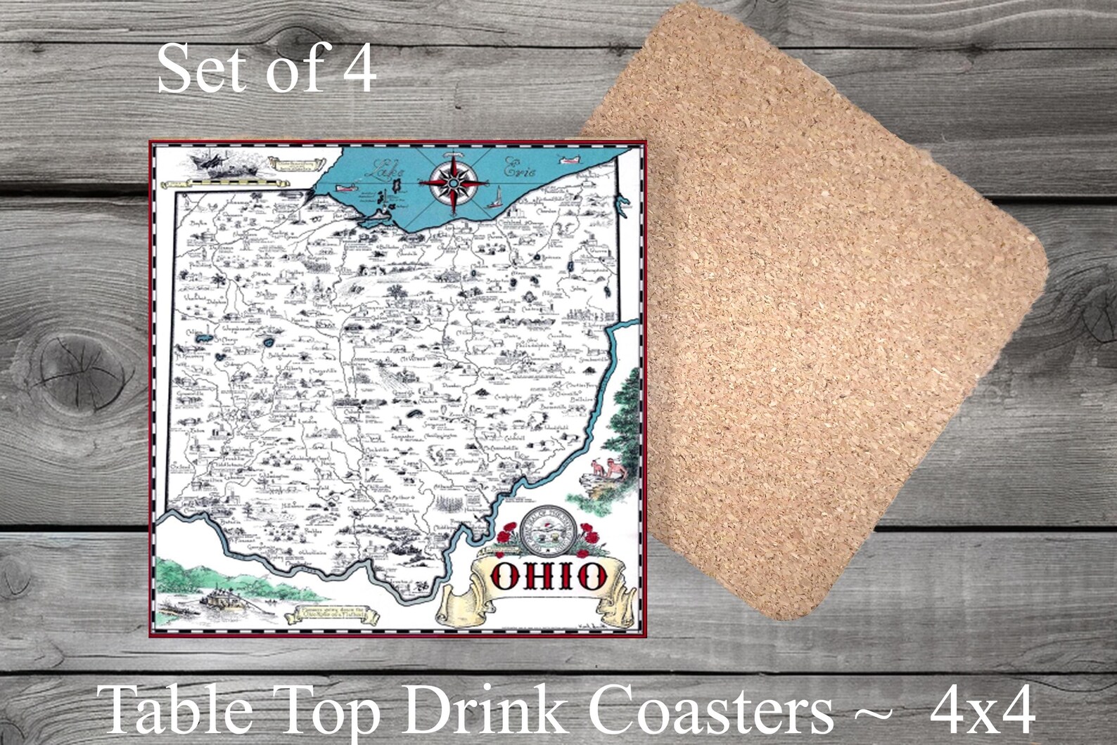 Ohio Map Drink Coasters ~ Set of 4 Table Top Drink Coasters ~ Cork ...