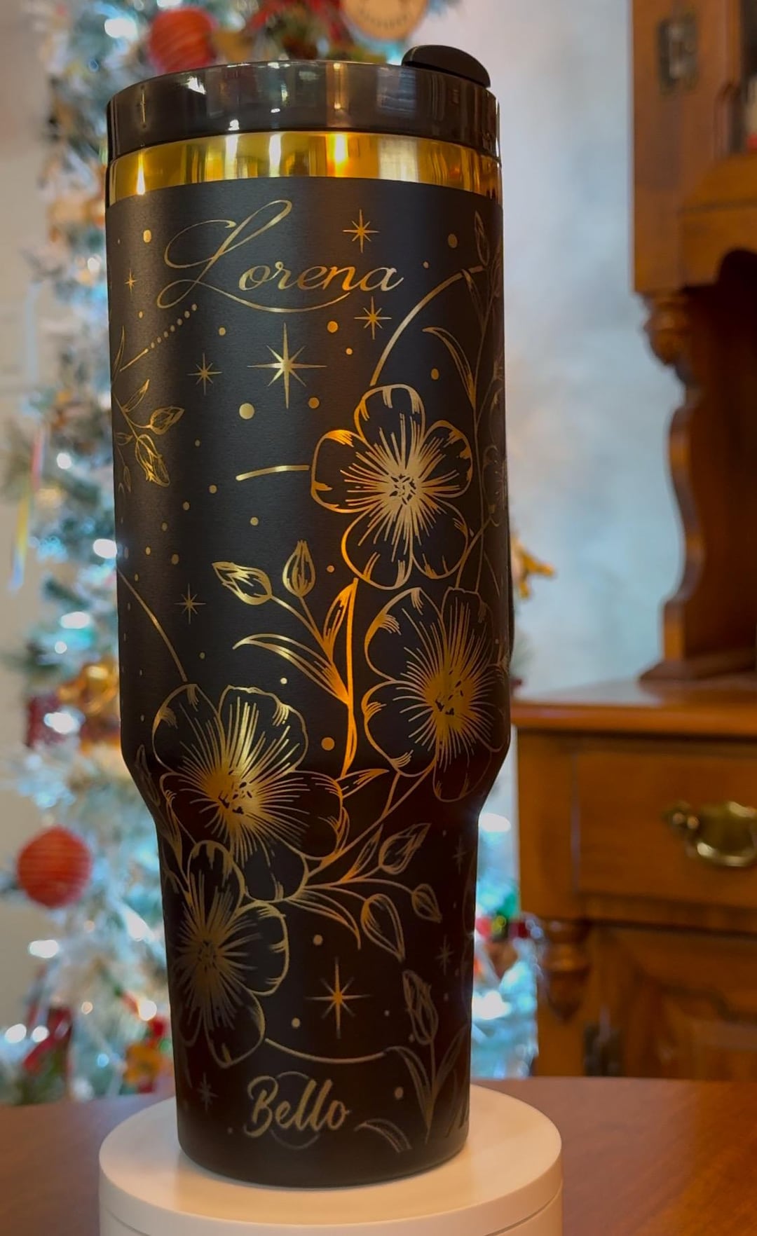 40oz Black With Gold Underlay Tumbler, Flower Design With Stars, and ...