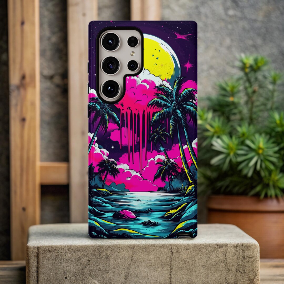 Dripping Moon Beach Phone Case With Neon Palm Trees and Vibrant Night ...