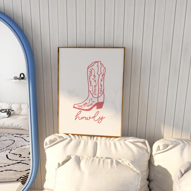 Howdy Cowboy Boots Cowgirl Drawing Pink Wall Poster Printable Western ...