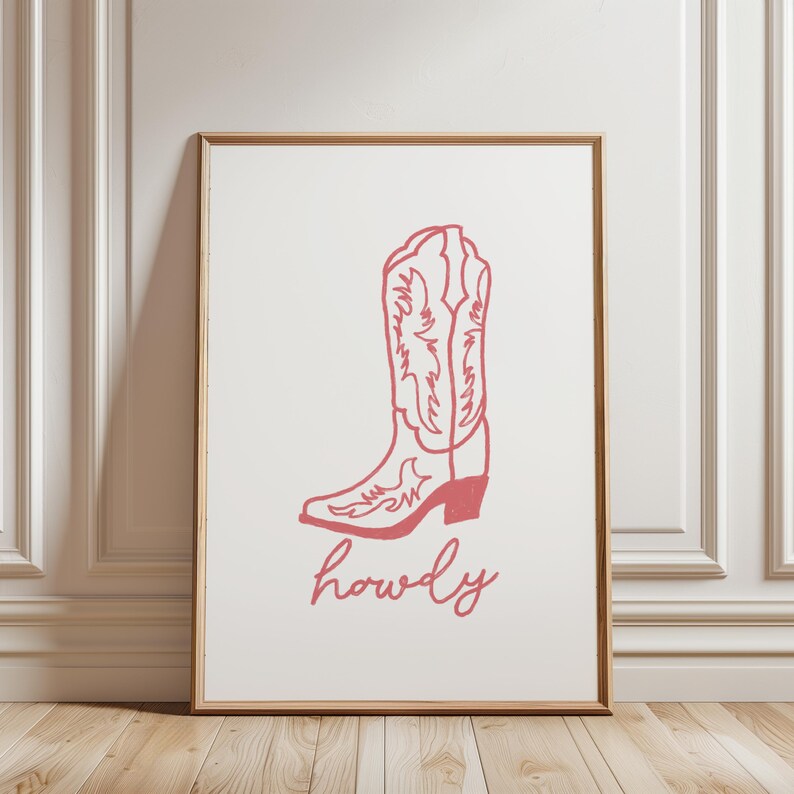 Howdy Cowboy Boots Cowgirl Drawing Pink Wall Art Printable Western ...