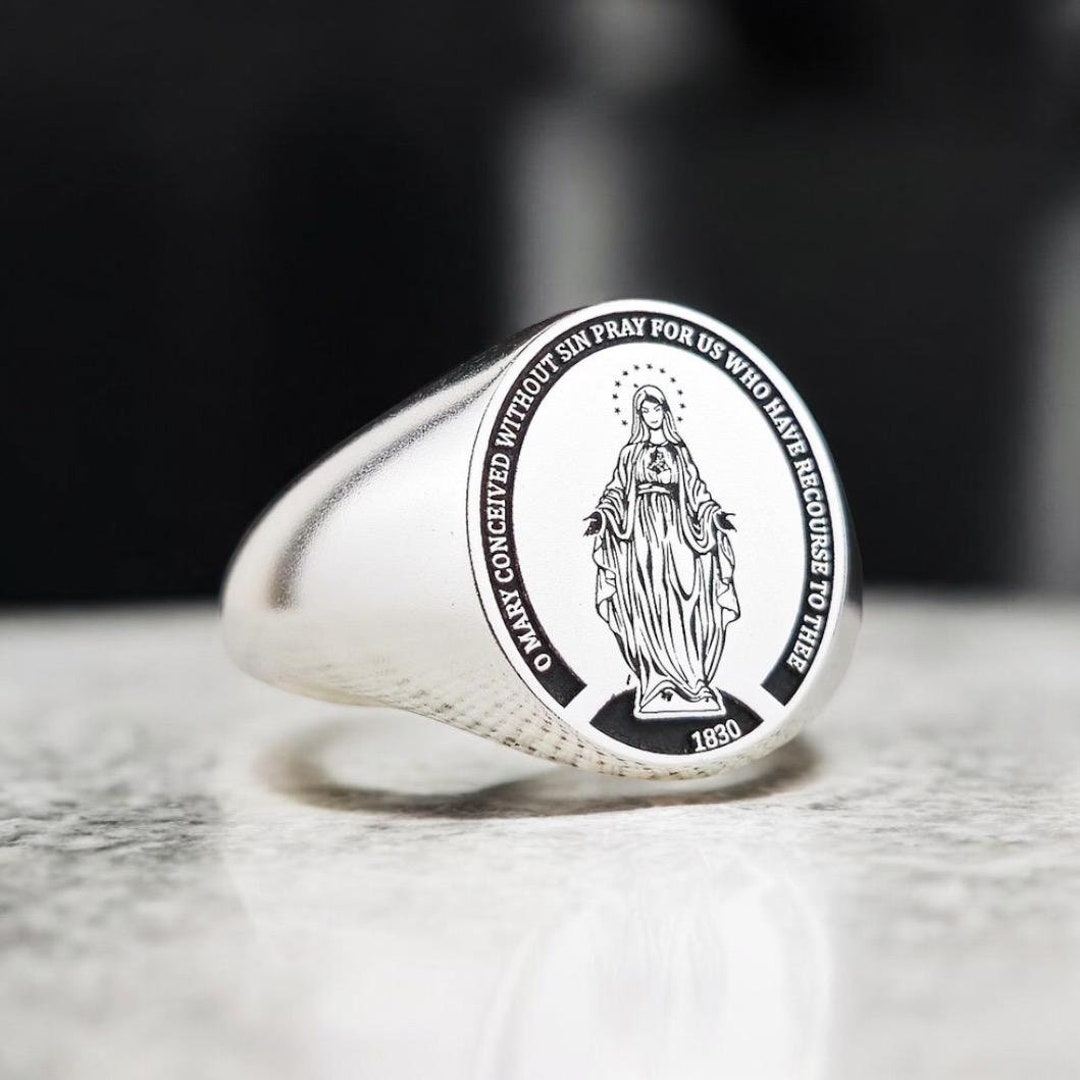 Mary Mother Silver Signet Ring ,925 Sterling Silver Religious Oval Ring ...