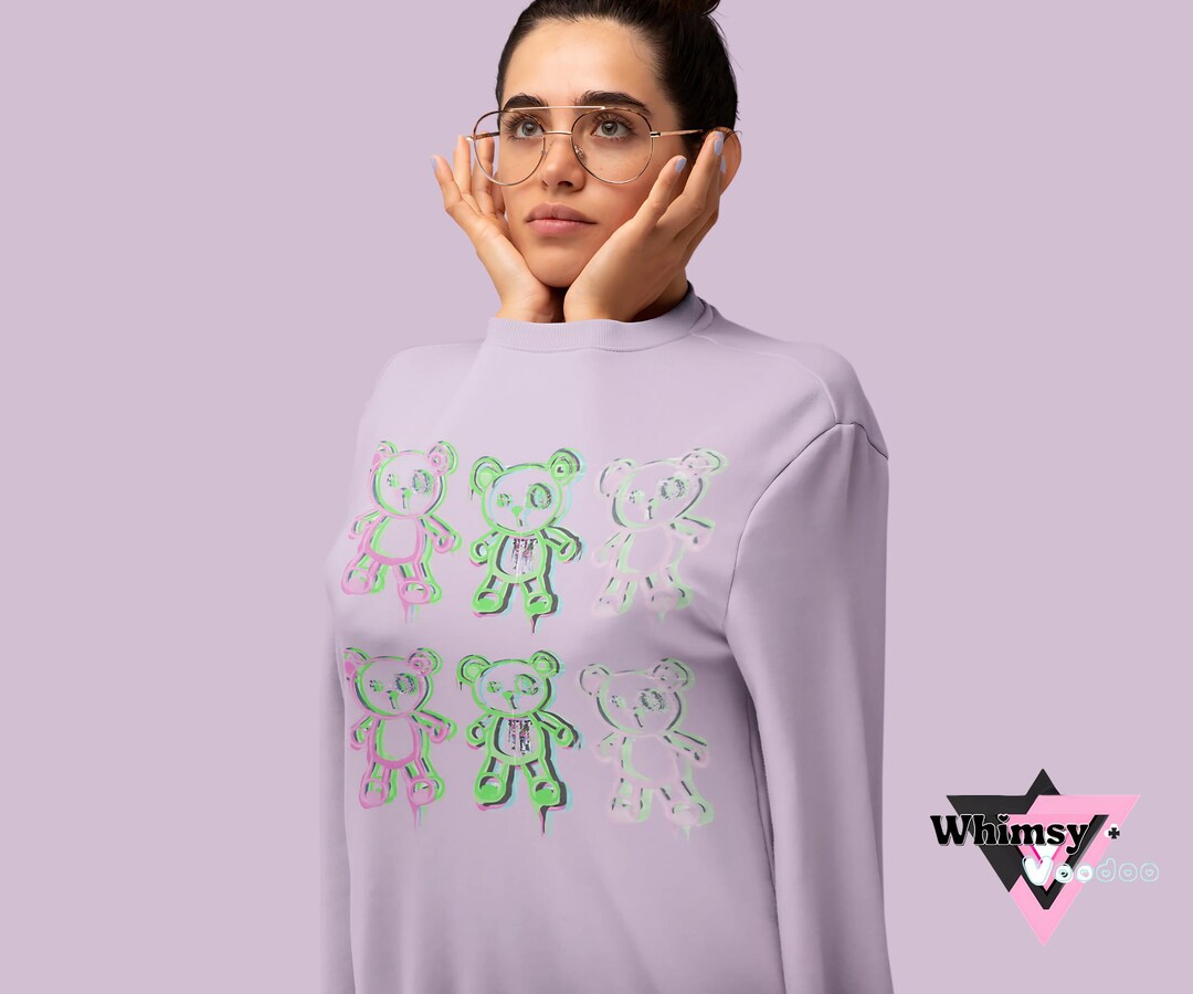 Edgy Muted Neon Teddy Bear Sweatshirt Retro Graffiti Grid Aesthetic ...