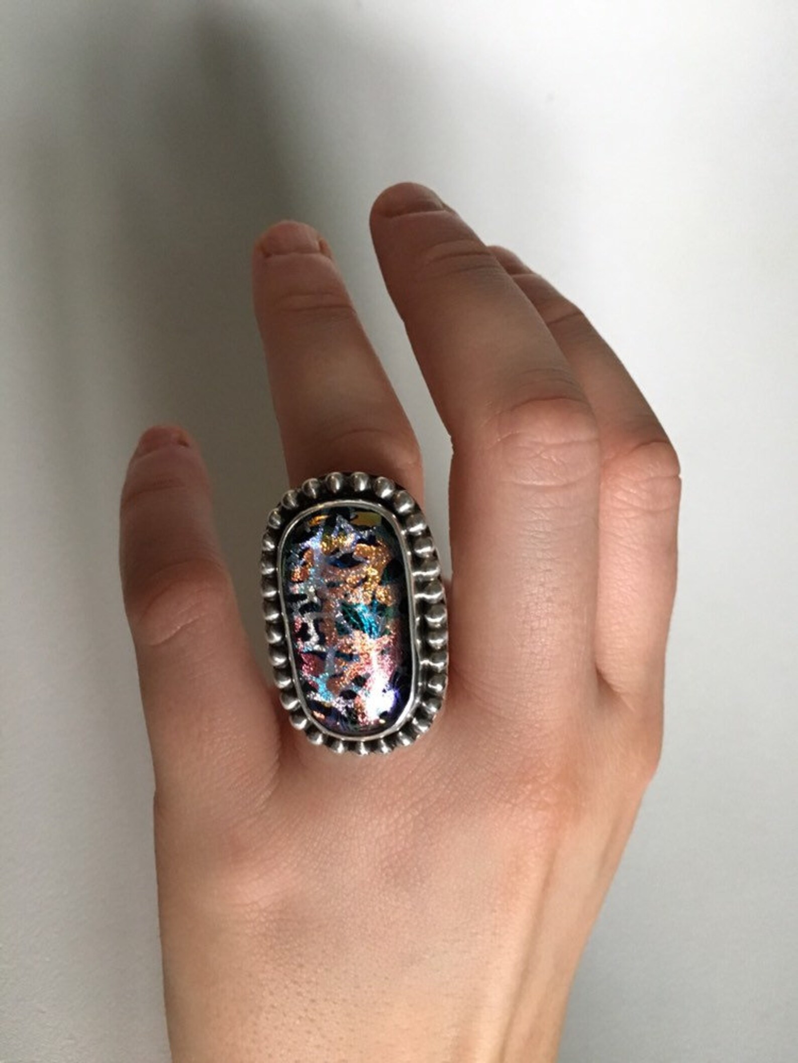 Holographic Dichroic Art Glass Ring: Sea Coral Sterling Silver, Size 8. ...