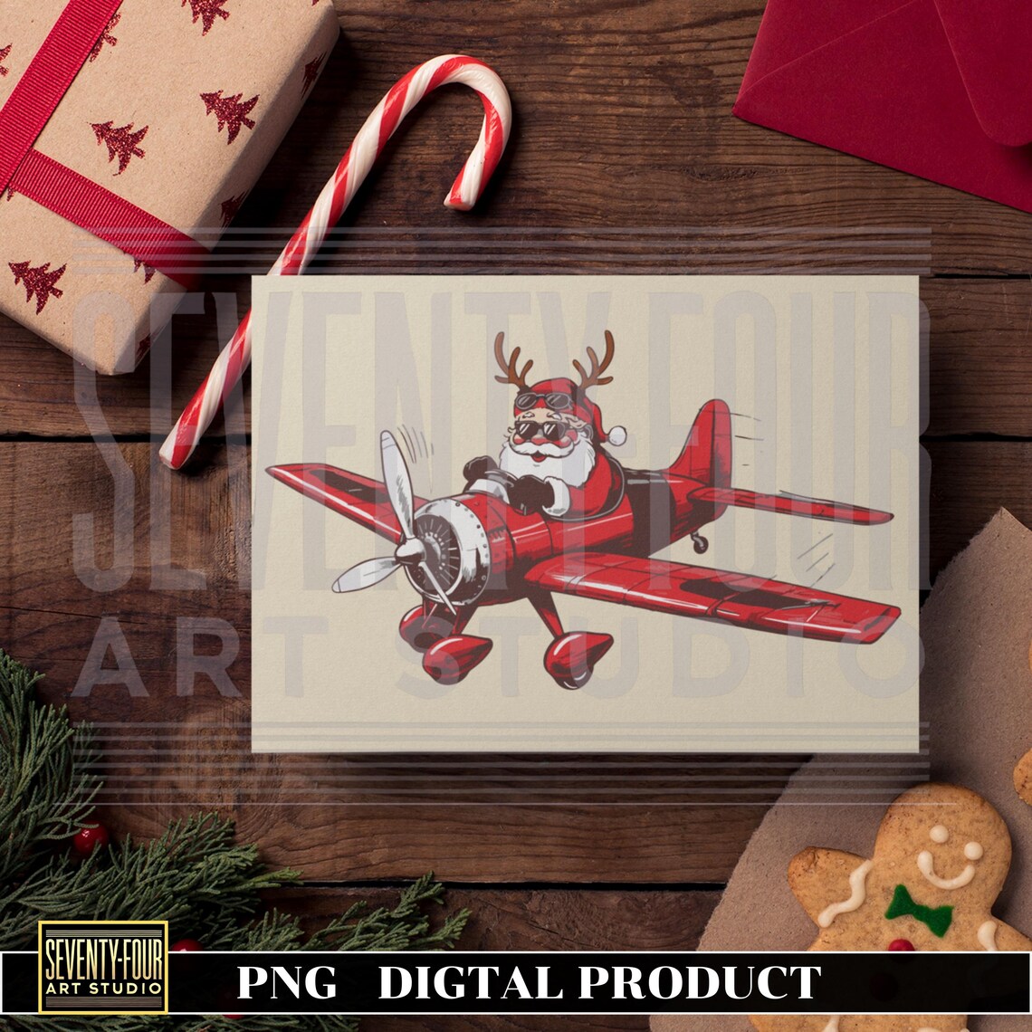 Santa Claus Flying Plane With Reindeer Antlers - Holiday Clip Art PNG ...