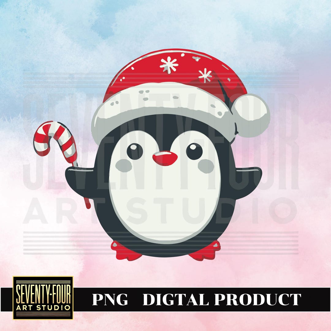 Cute Christmas Penguin PNG Holiday Clipart With Santa Hat and Candy ...