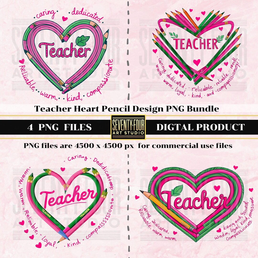 Teacher Heart Pencil Design PNG Bundle – 4 Digital Files for Teacher ...