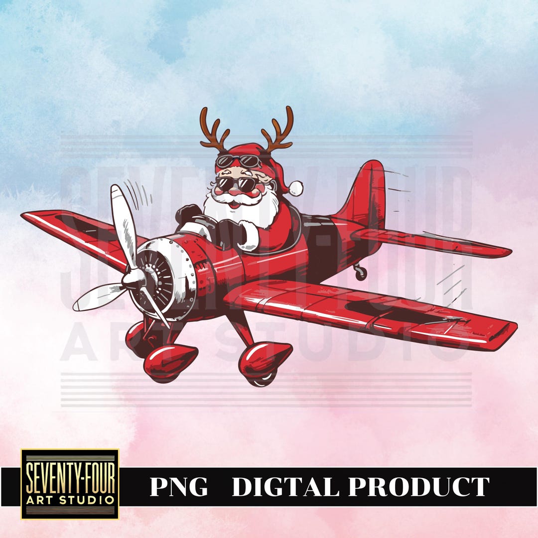 Santa Claus Flying Plane With Reindeer Antlers - Holiday Clip Art PNG ...