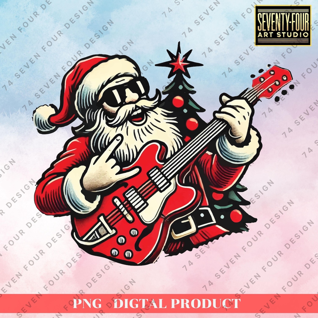 Santa Rocking Guitar PNG - Vintage Christmas Clipart for Holiday Decor ...