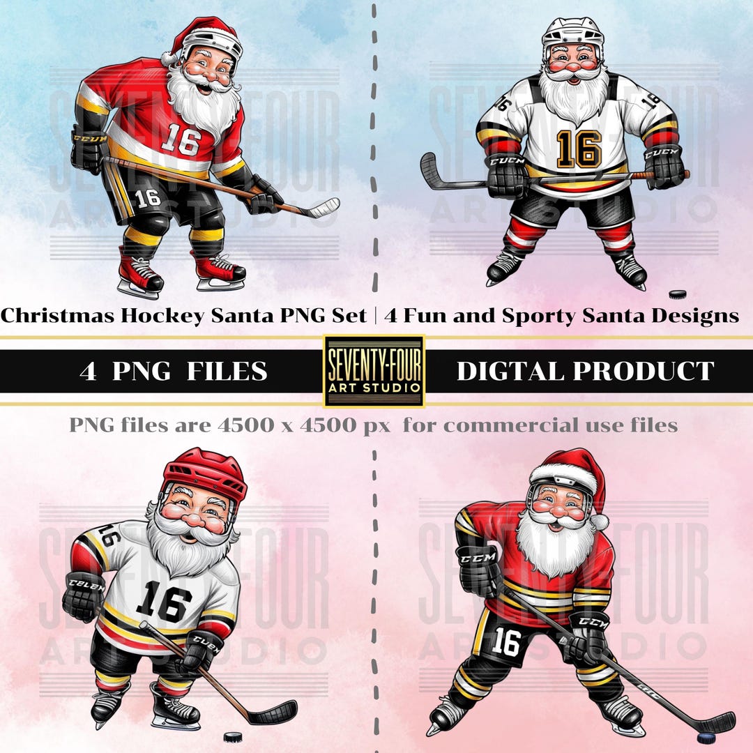 Christmas Hockey Santa Claus PNG Set | 4 Fun and Sporty Santa Designs ...