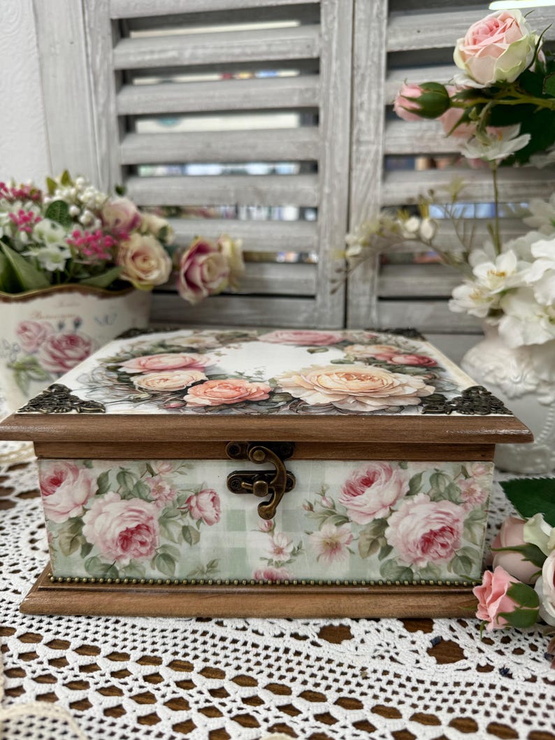 Wooden Organizer Box With Roses, Vintage Floral Storage Chest, Romantic ...