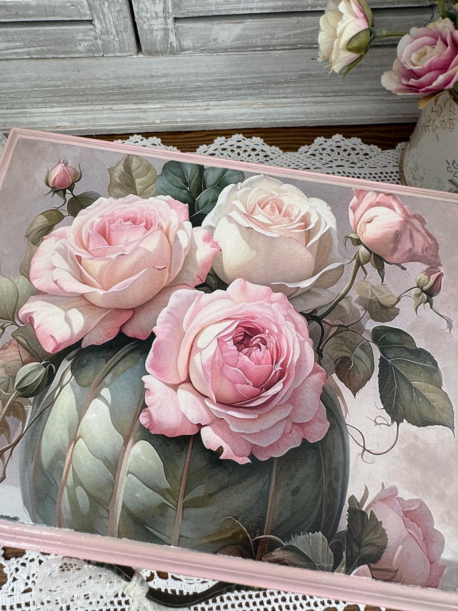 Pink Wooden Storage Box With Roses, Decorative Organizer With White and ...