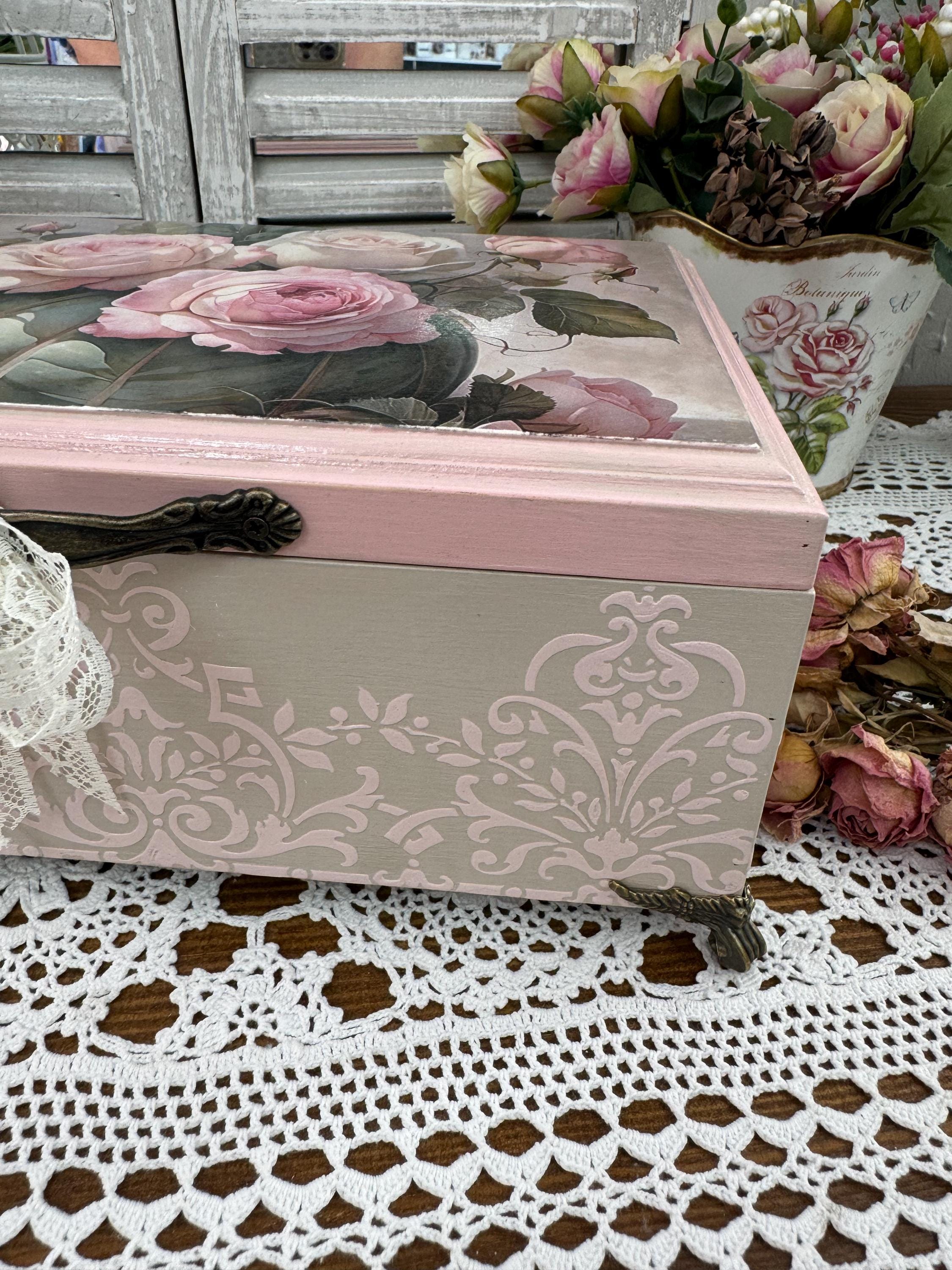 Pink Wooden Storage Box With Roses, Decorative Organizer With White and ...