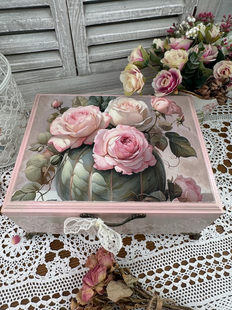 Pink Wooden Storage Box With Roses, Decorative Organizer With White and ...