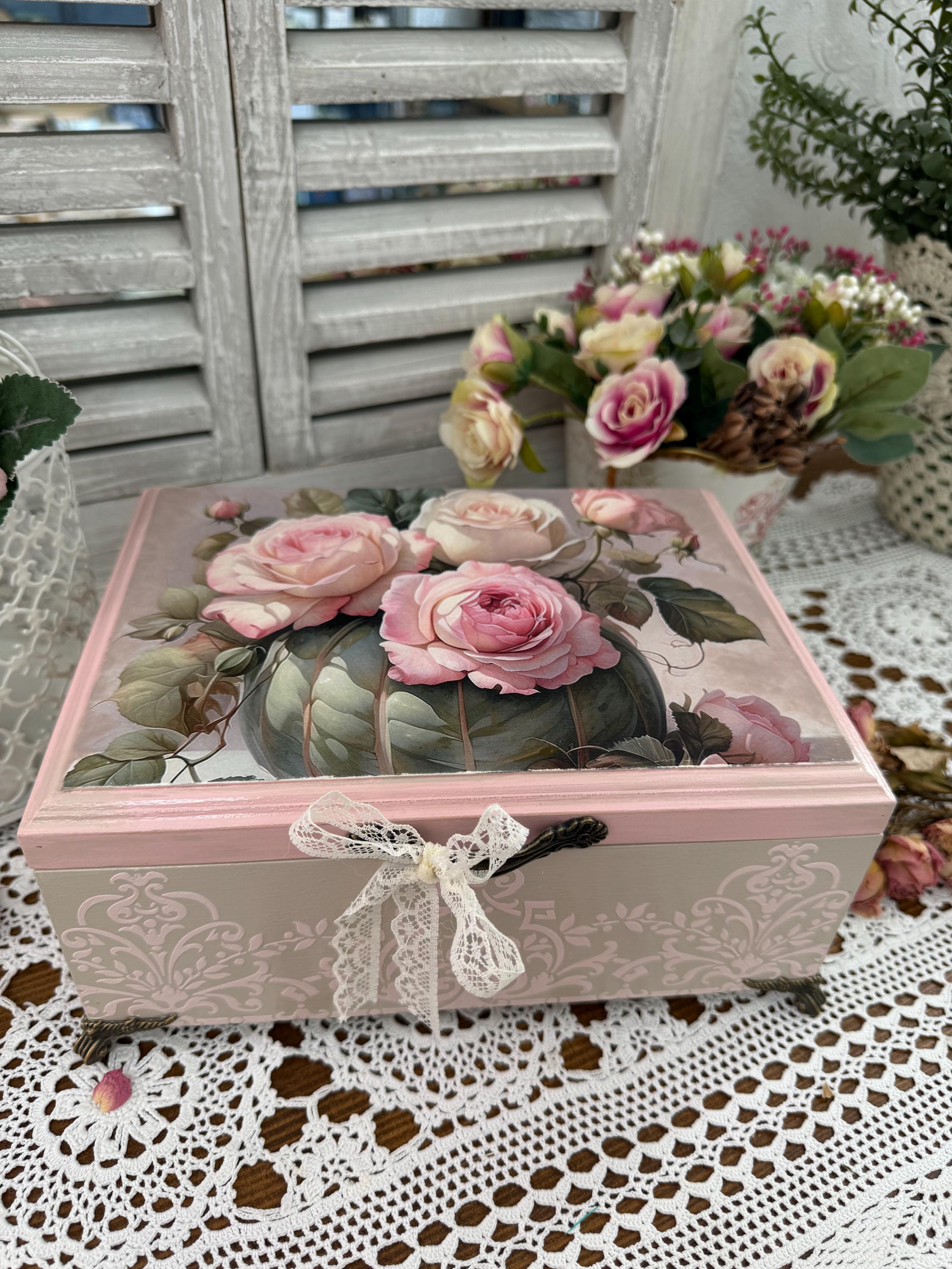 Pink Wooden Storage Box With Roses, Decorative Organizer With White and ...