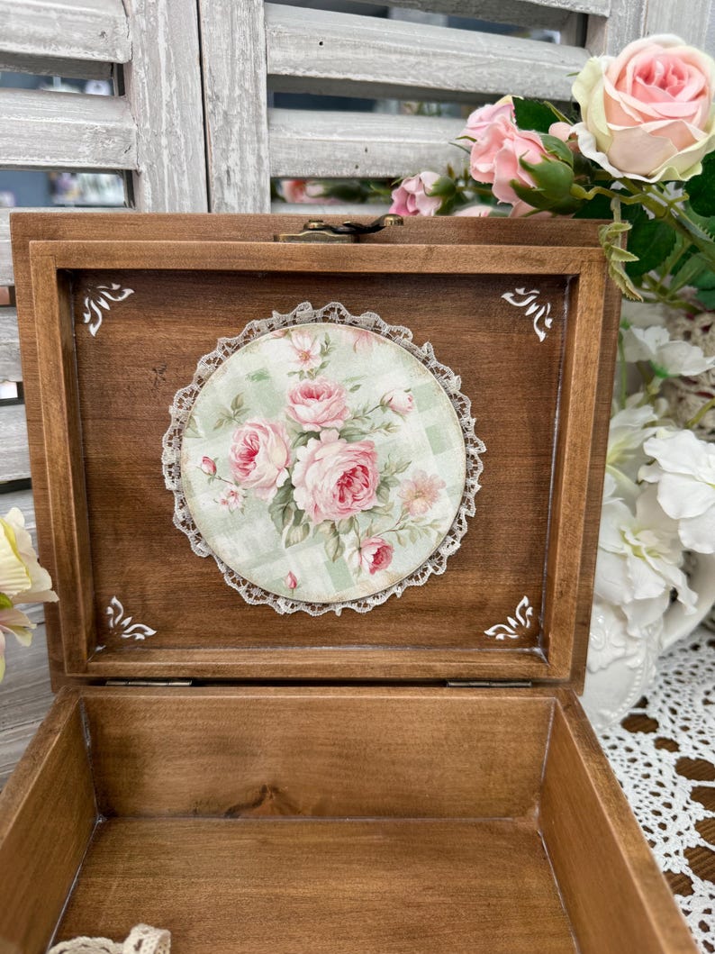Wooden Organizer Box With Roses, Vintage Floral Storage Chest, Romantic ...