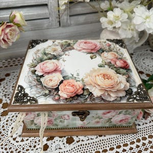 Wooden Organizer Box With Roses, Vintage Floral Storage Chest, Romantic ...