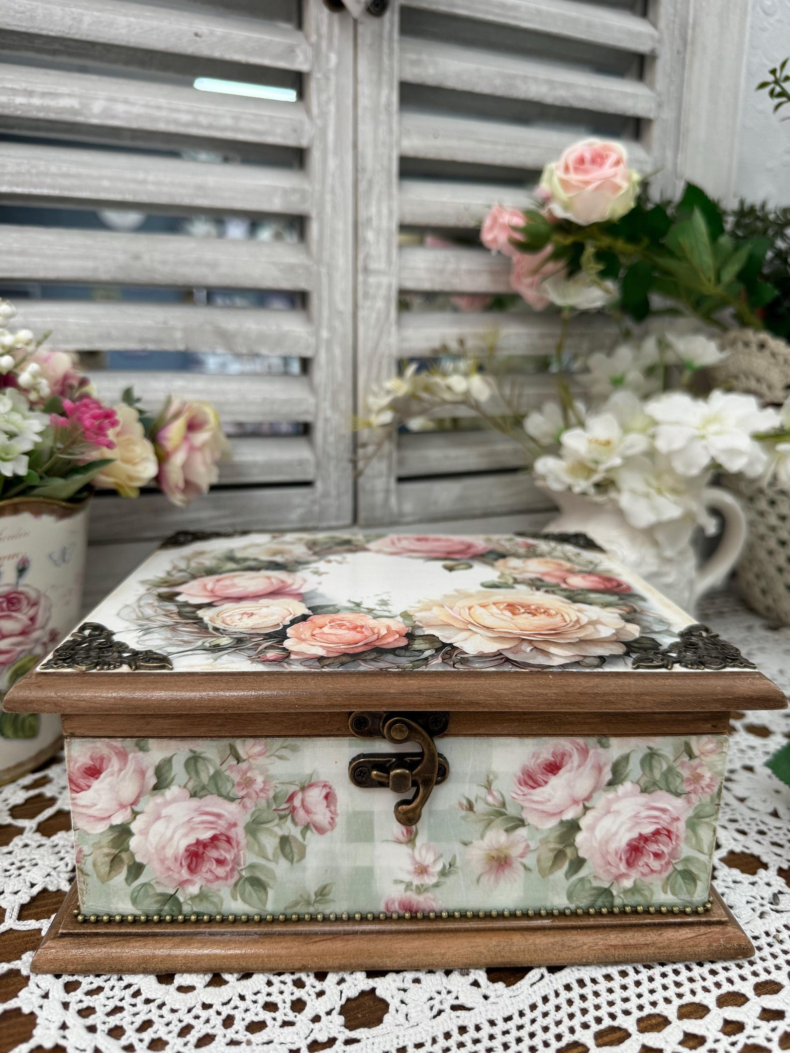 Wooden Organizer Box With Roses, Vintage Floral Storage Chest, Romantic ...