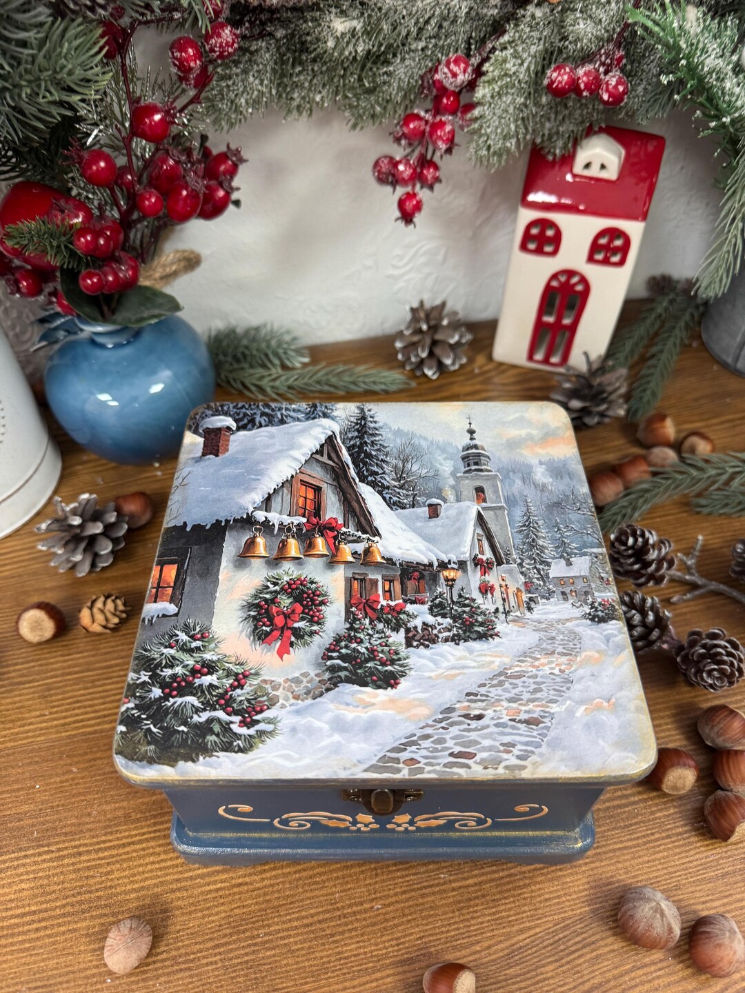 Handcrafted Wooden Candy Box, Hand-painted Wooden Holiday Keepsake ...