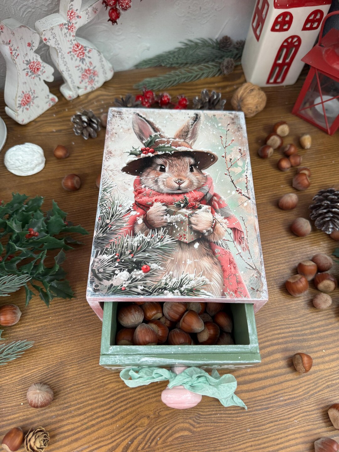 Hand-painted Christmas Bunny Birch Box, Winter Holiday Decor - Etsy