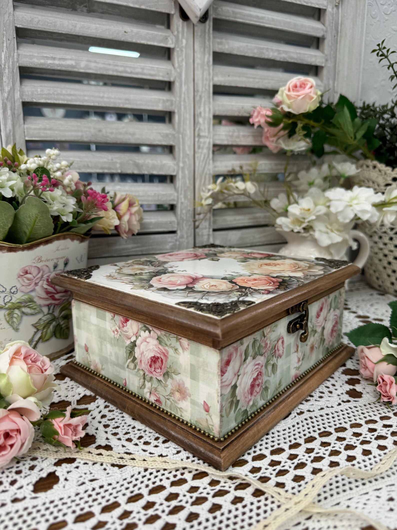 Wooden Organizer Box With Roses, Vintage Floral Storage Chest, Romantic ...