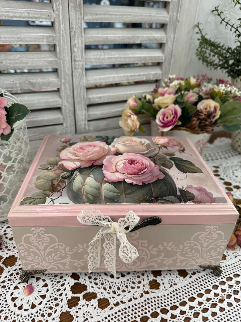 Pink Wooden Storage Box With Roses, Decorative Organizer With White and ...