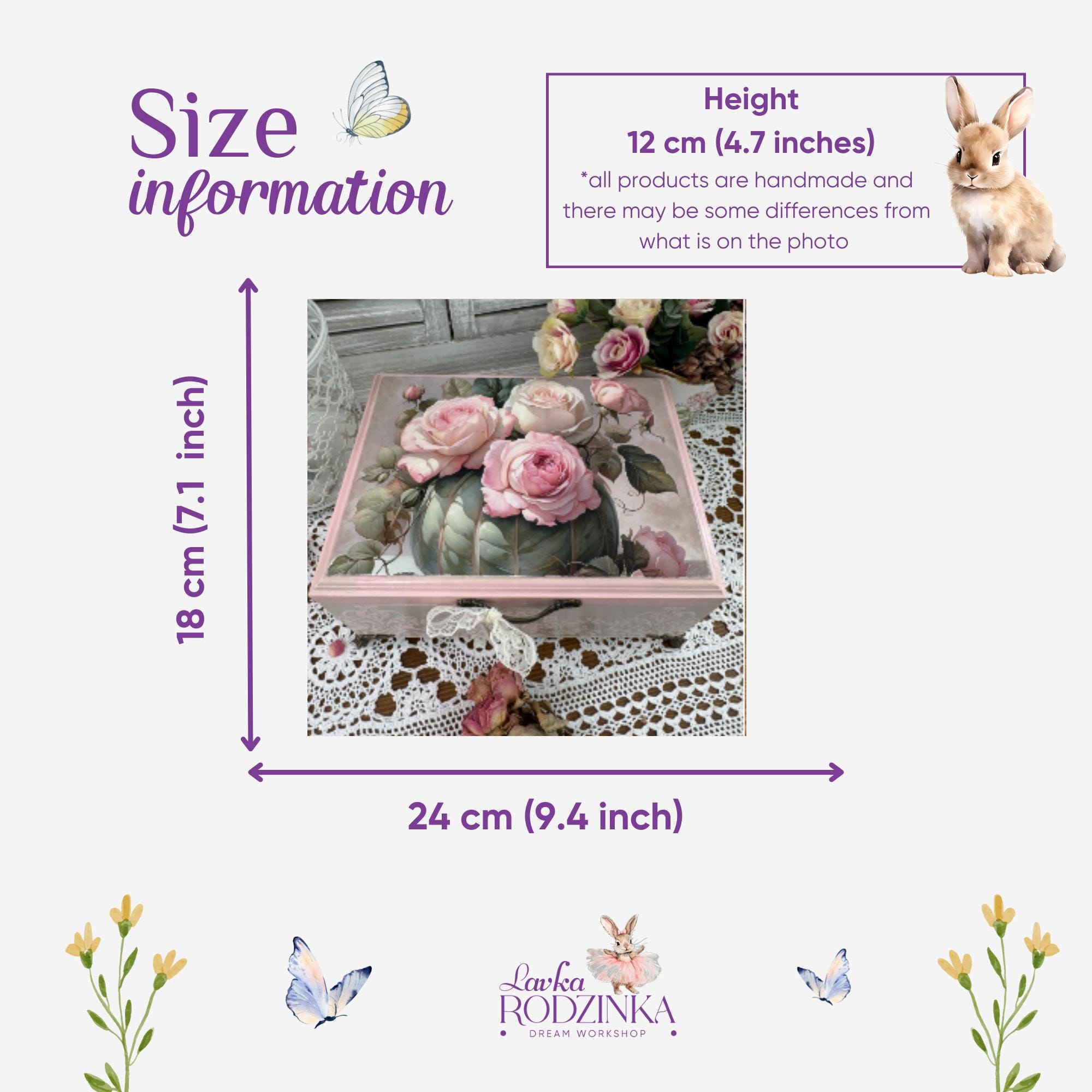 Pink Wooden Storage Box With Roses, Decorative Organizer With White and ...