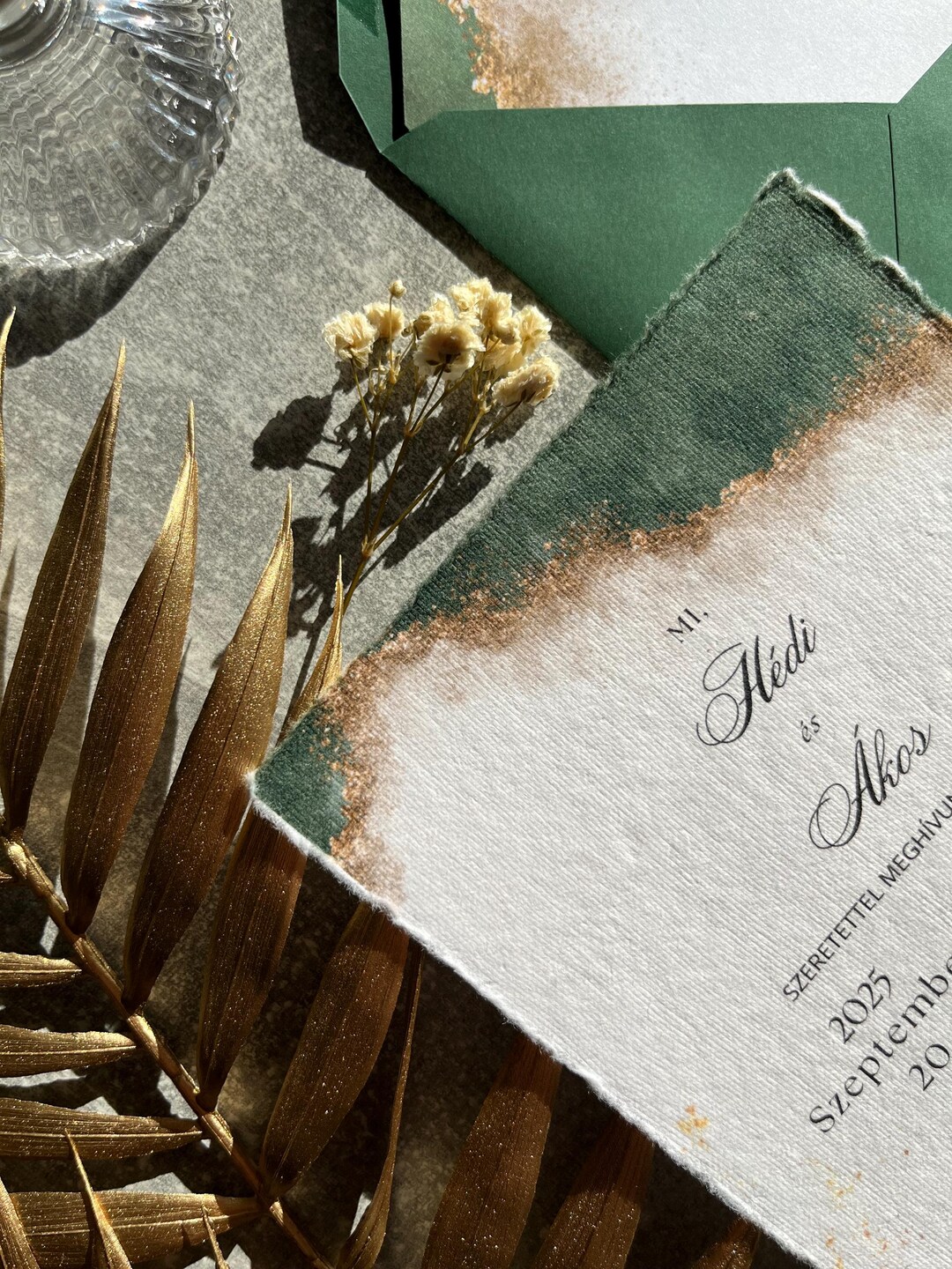 Green Handmade Paper Wedding Invitation Set With Wax Seal - Etsy