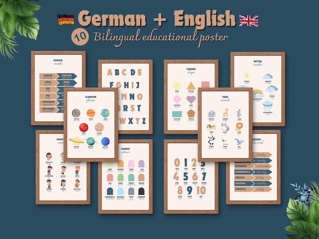 10 Bilingual German Educational Posters, Blue/brown German Posters, Set ...