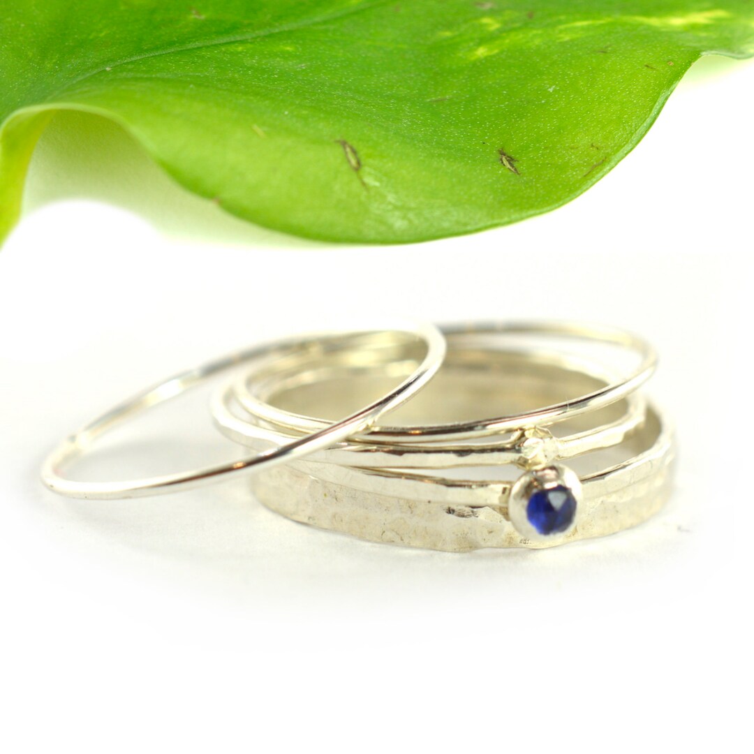 Sapphire Stacking Ring Set of 5, Skinny Hammered Bead Stackable Ring ...