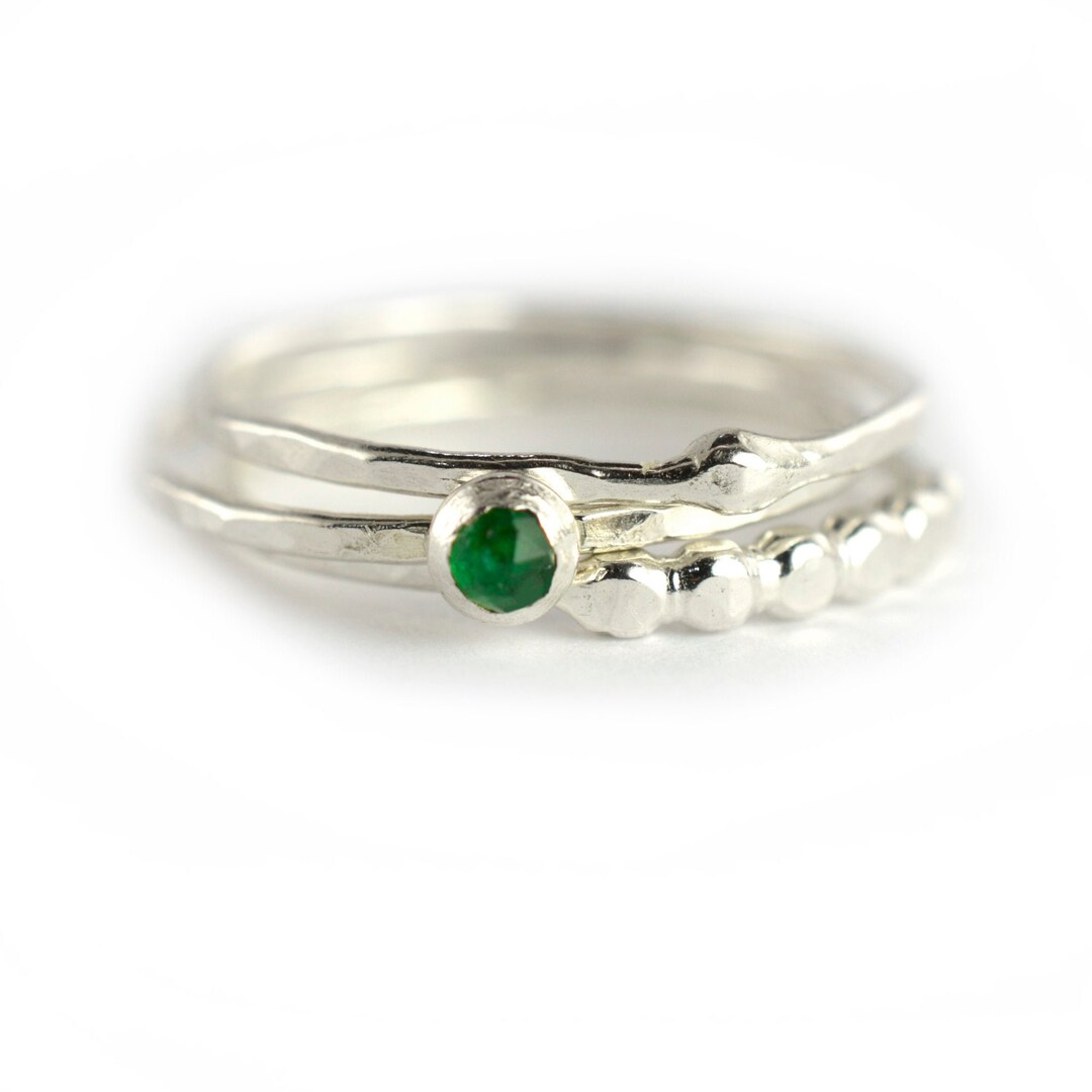 Emerald Stacking Ring Set of 3, Silver Skinny Rings, Gemstone ...