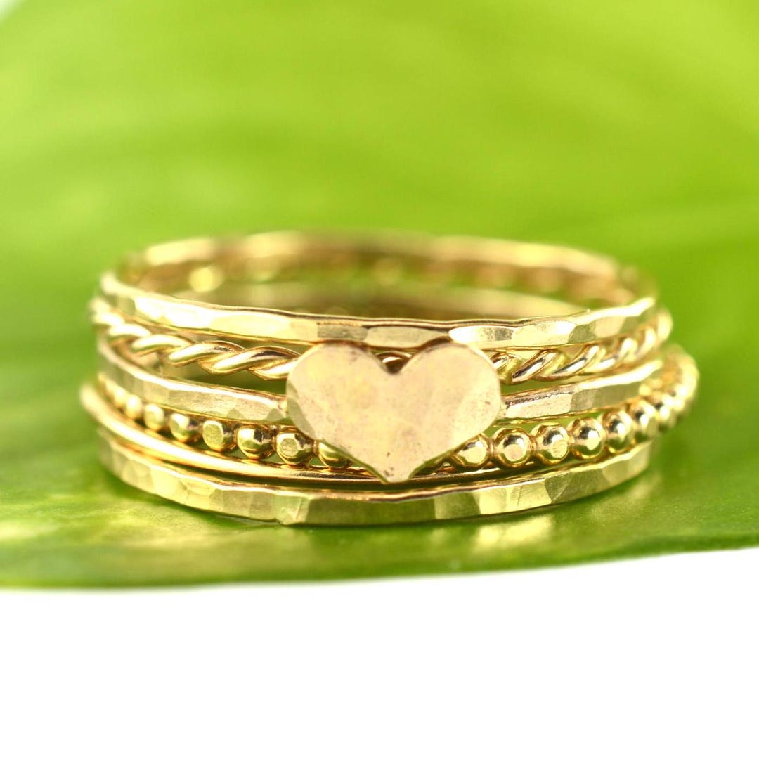 Gold Hammered Heart Stackable Ring Set of 6, Mixed Stacking Rings Set, Size 9, OOAK OKR078 - Etsy