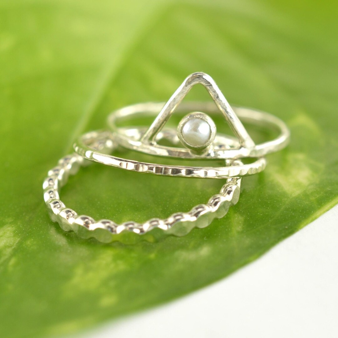 Pearl Triangle Ring Set, Delicate Silver Beaded Stacking Ring, June ...