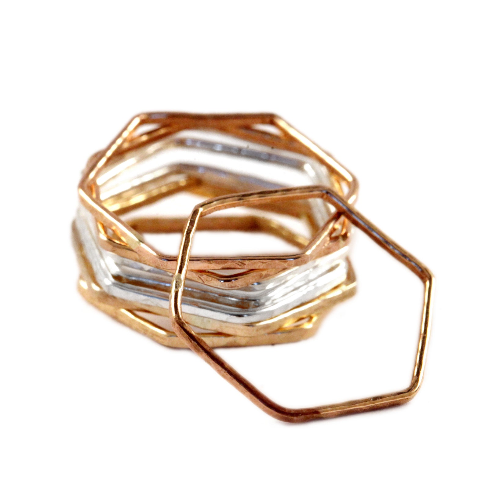 Gold Hexagon Ring Set of 3, Hammered Honeycomb Ring - Etsy