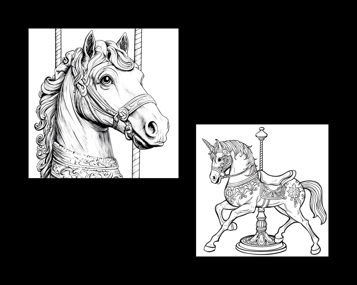 Printable Carousel Horse Coloring Pages Square Art - Etsy