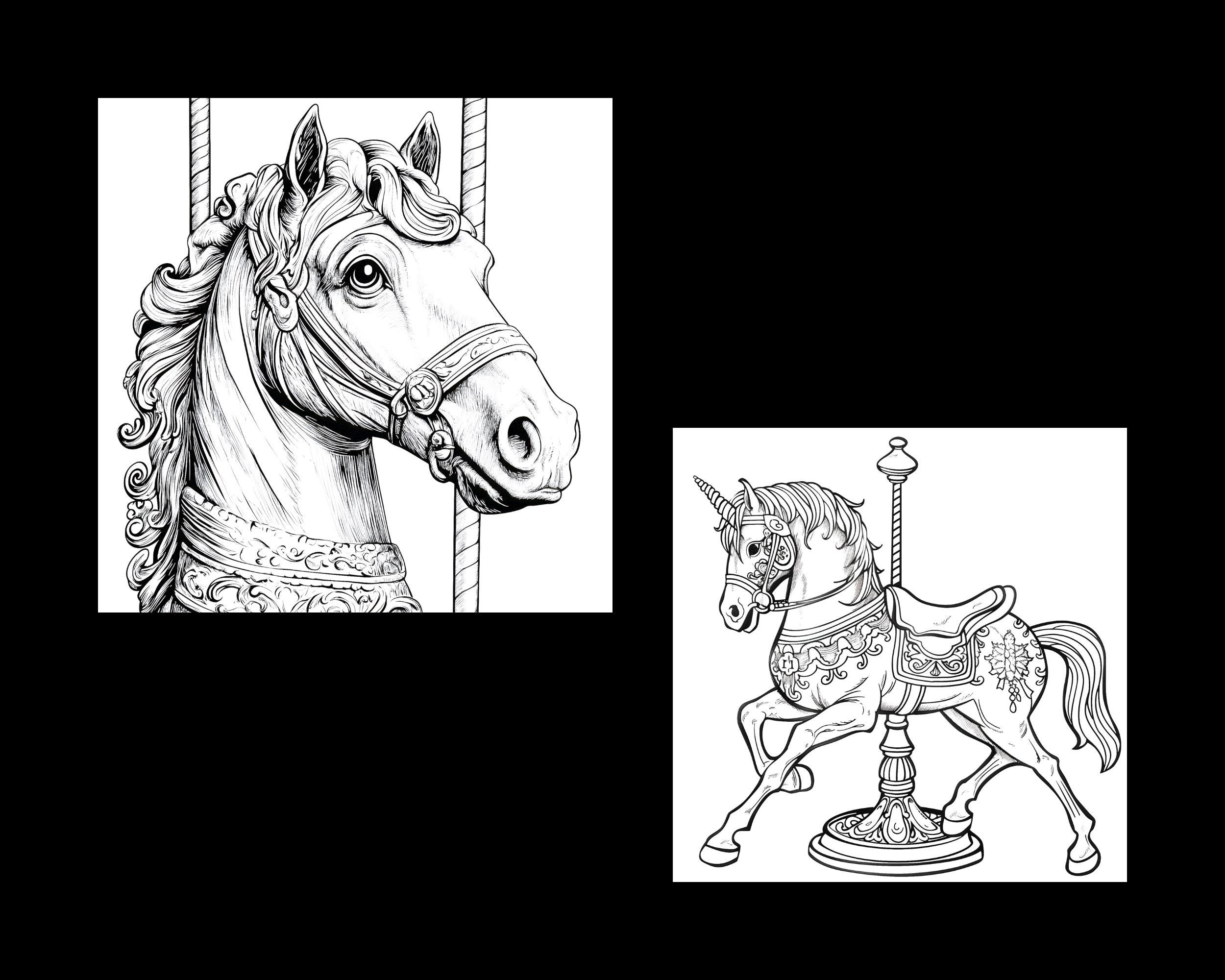 Printable Carousel Horse Coloring Pages | Square Art - Etsy