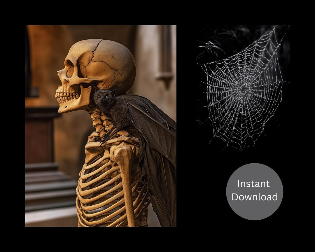 Skeleton & Bat - Printable Wall Art of a Spooky Skeleton With a Bat ...