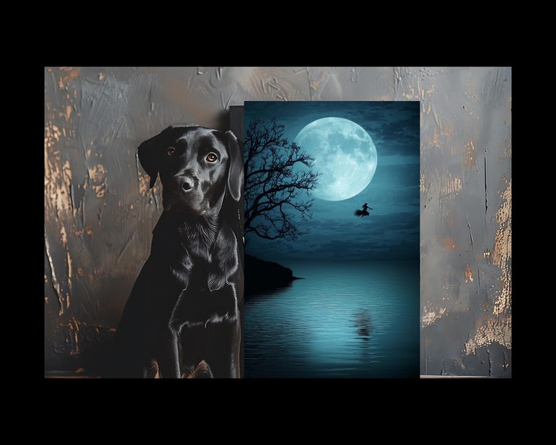 Printable Witch Flying Over Water Art| Full Moon Night Scene| Halloween ...