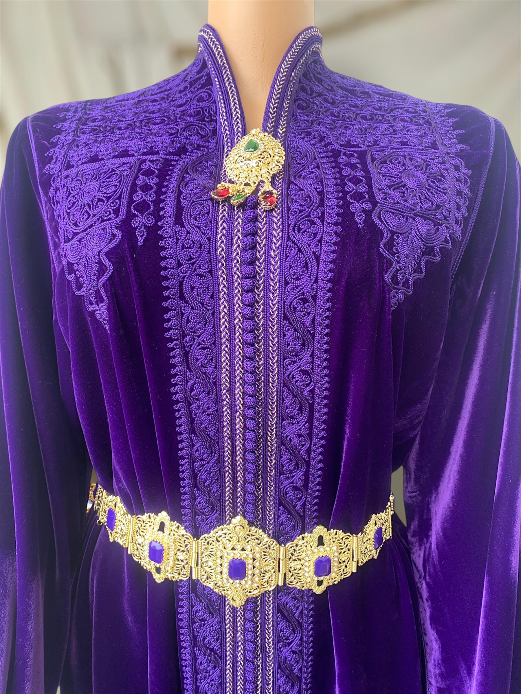 Moroccan Caftan in Mobra Fabric – Hand-embroidered Gold Details & Sfifa ...