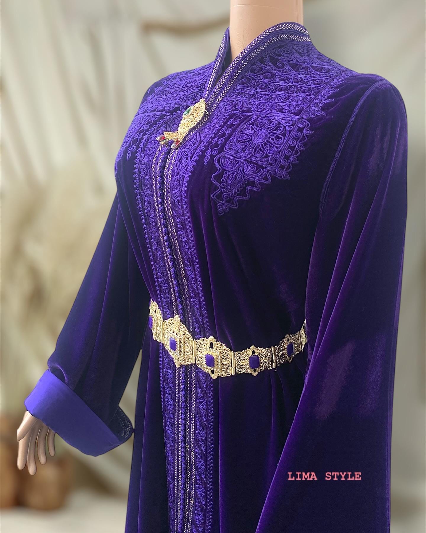 Moroccan Caftan in Mobra Fabric – Hand-embroidered Gold Details & Sfifa ...
