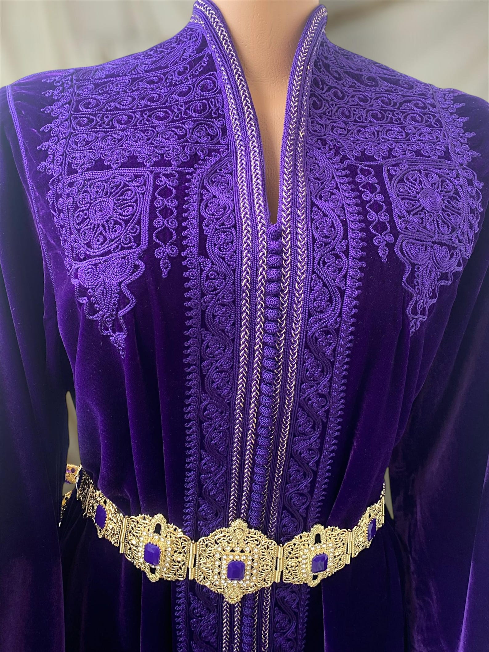 Moroccan Caftan in Mobra Fabric – Hand-embroidered Gold Details & Sfifa ...
