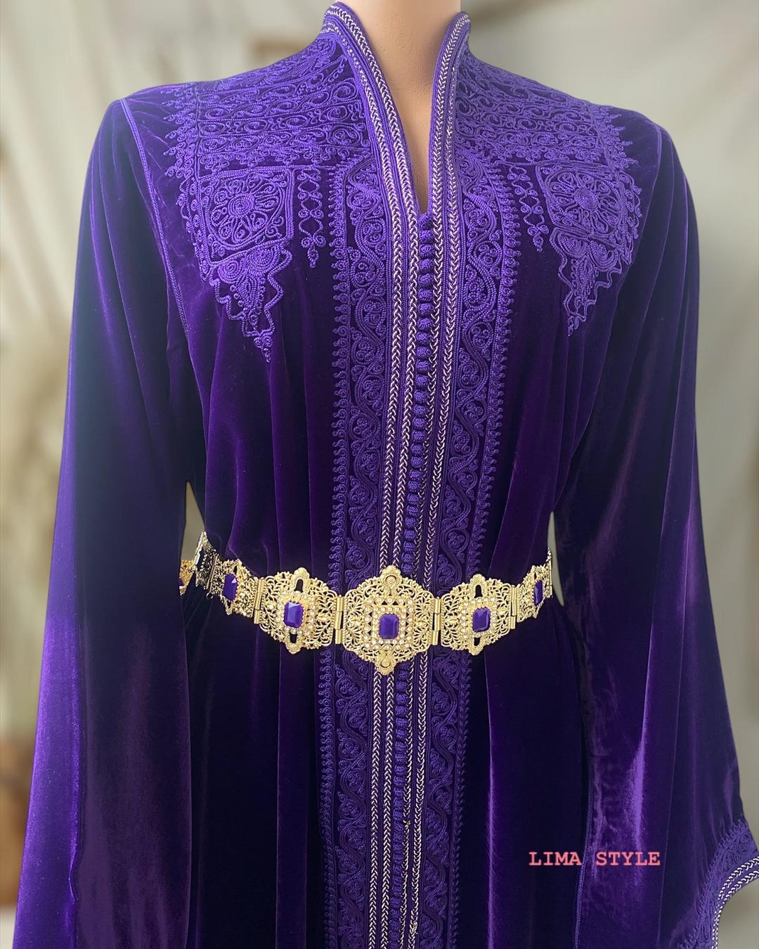 Moroccan Caftan in Mobra Fabric – Hand-embroidered Gold Details & Sfifa ...