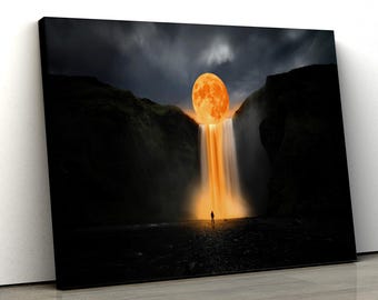 Full Moon Waterfall Canvas Print, Full Moon Canvas Art, Surreal ...