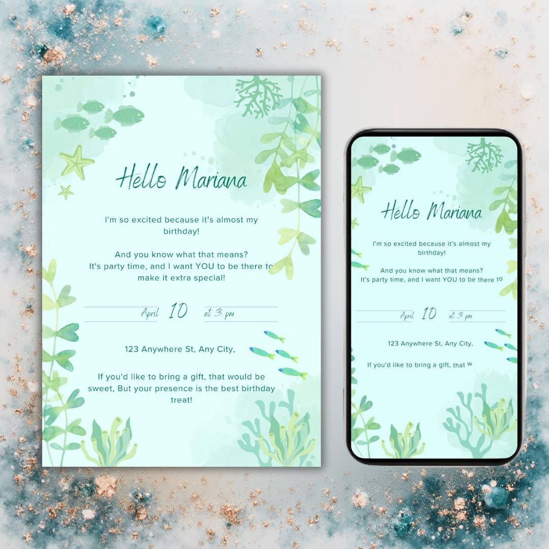 Editable Under the Sea Birthday Invitation Template, Watercolor Ocean ...