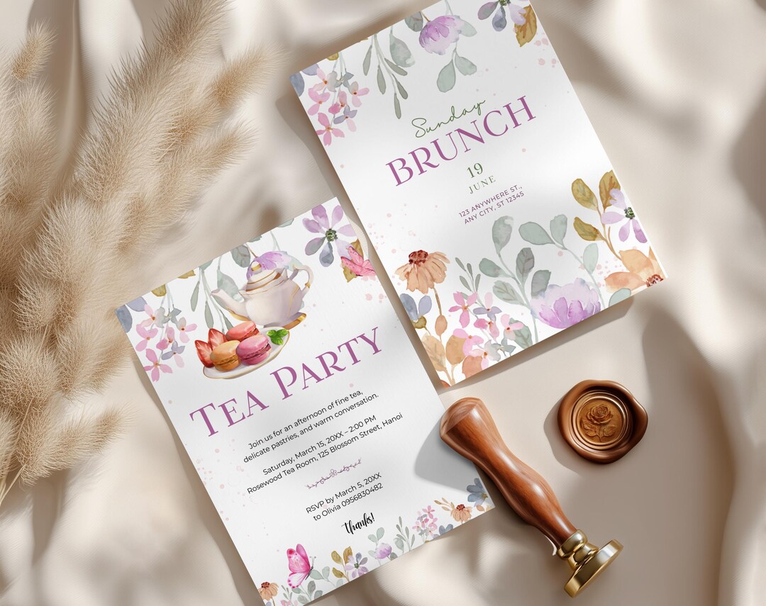 Tea Party Invitation Template | Floral Afternoon Tea Invite | Double ...