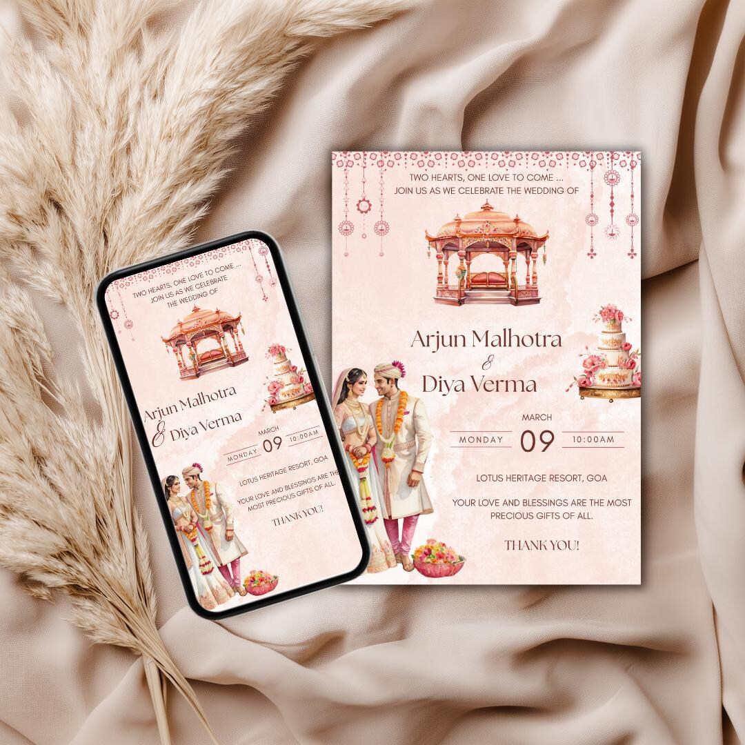 Elegant Indian Wedding Invitation | Pink Gold Mandap Design | Hindu ...