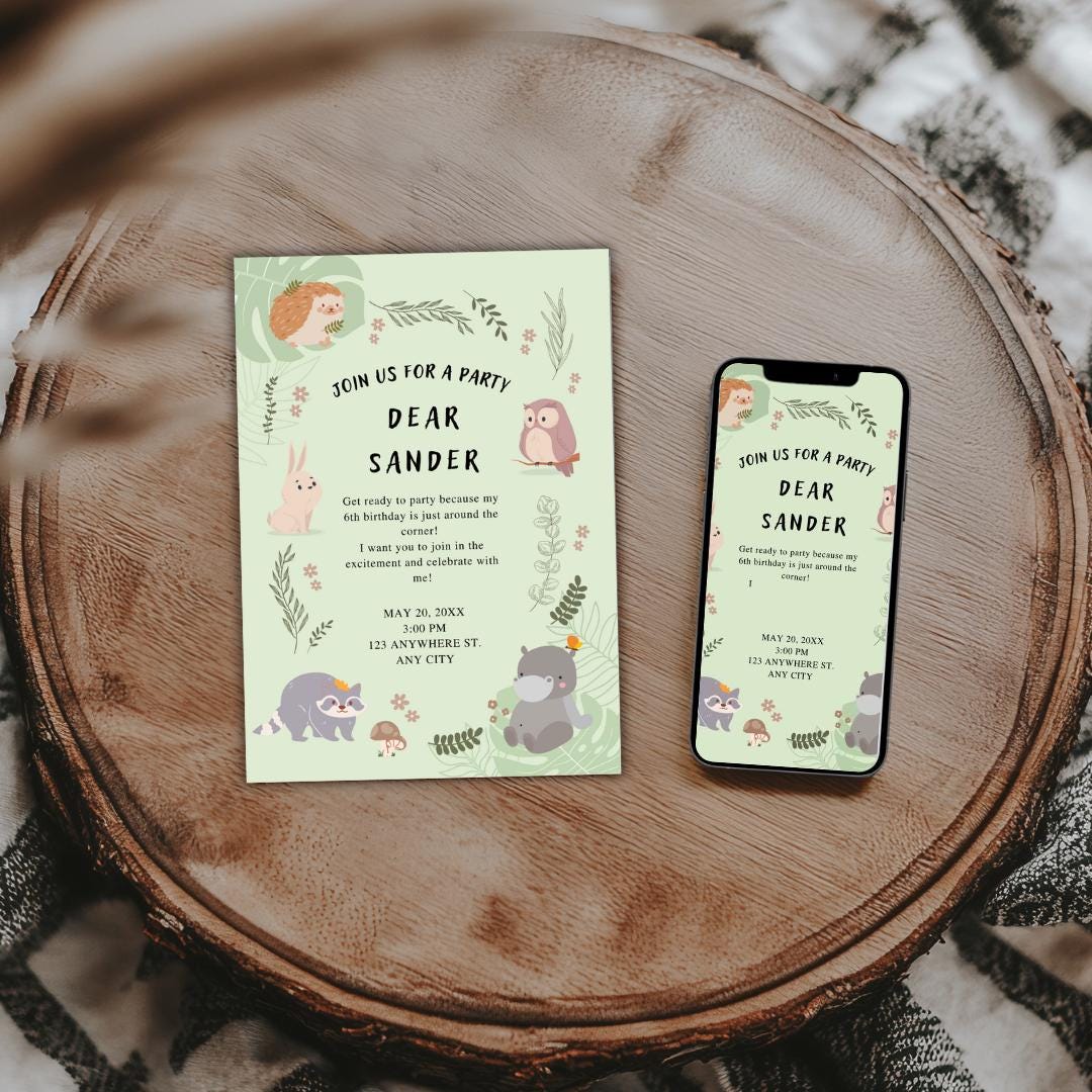 Cute Forest Animal Birthday Invitation Template, Editable Canva ...