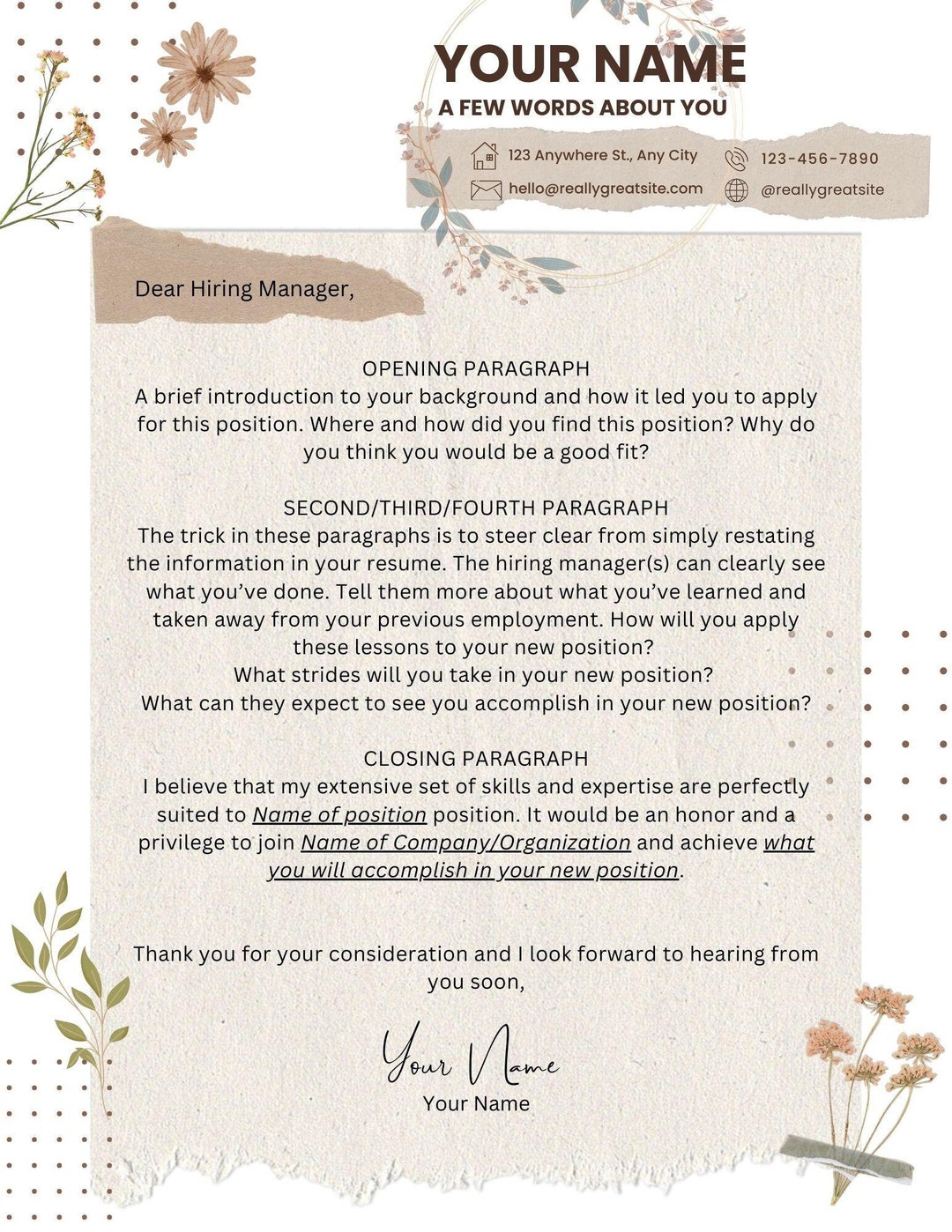 Scrapbook Floral Cover Letter and Letter of Interest Template, Ready-to ...