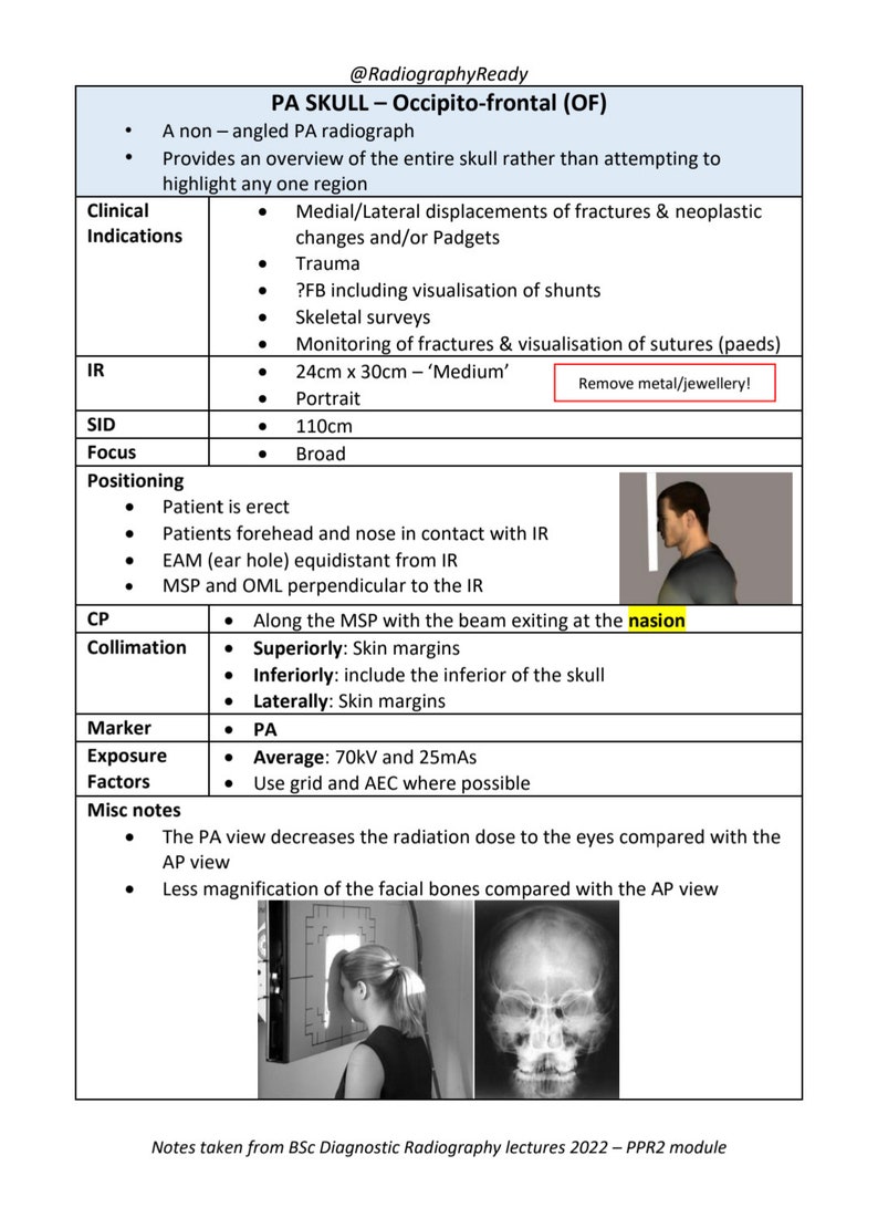 Skull and Facial Bones Positioning Summary Notes for Diagnostic ...